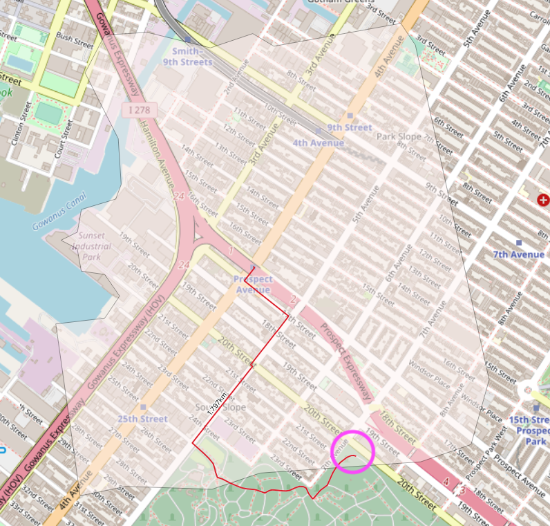 Pedestrian isodistance includes area not reachable within distance ...