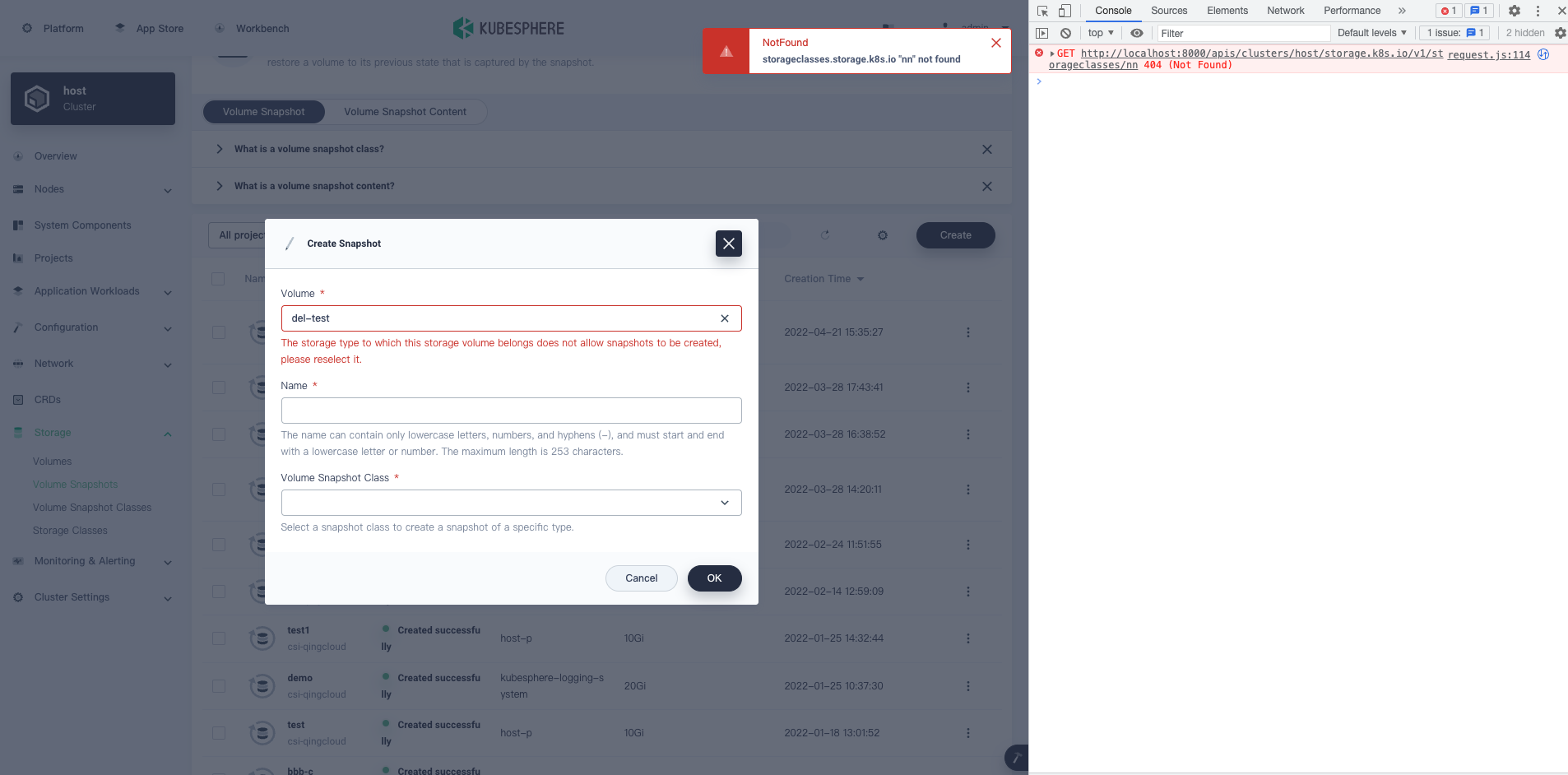 fix: User still can create a snapshot while selected volume's storageclass has been deleted ...