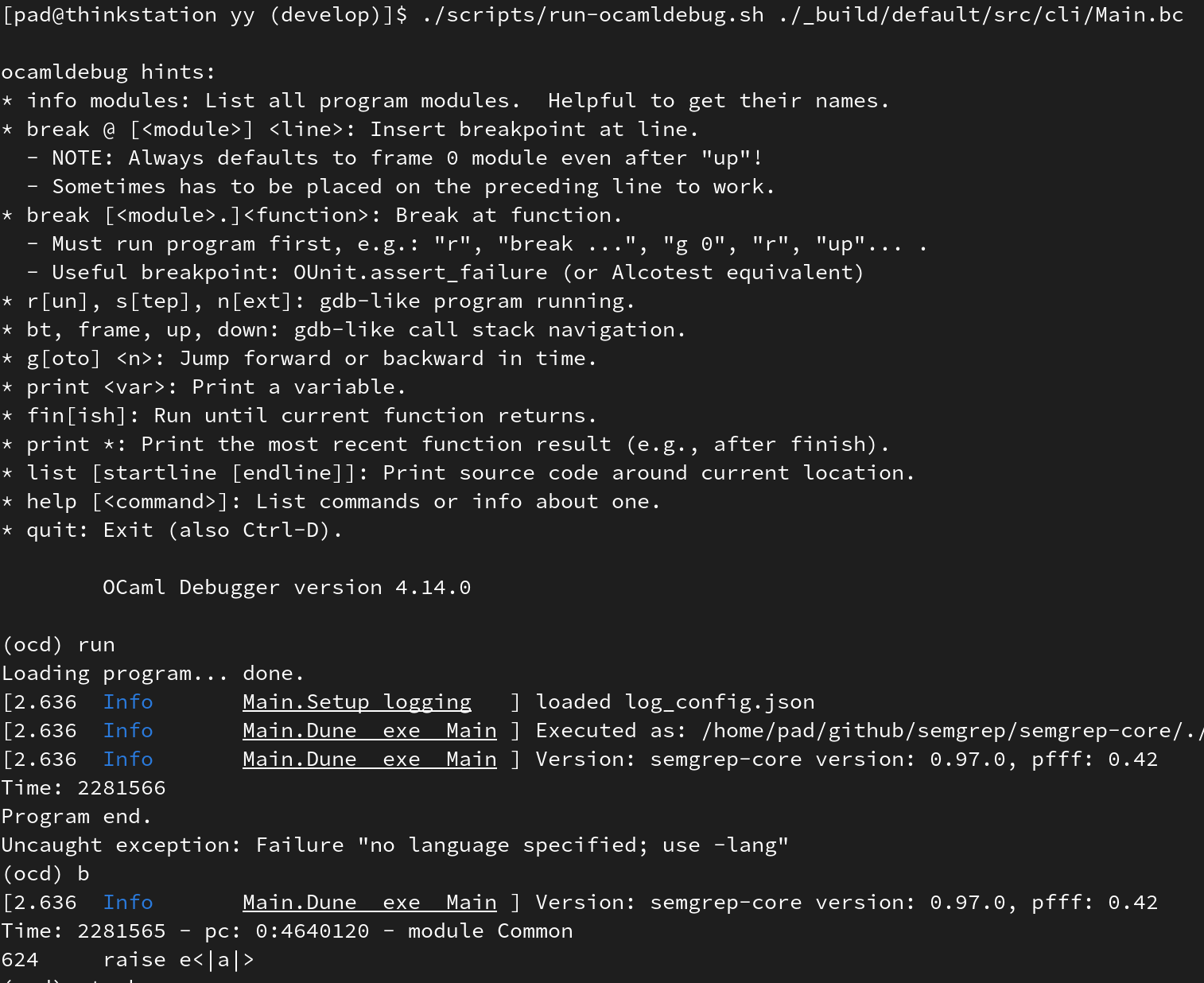[Internal] ocamldebug does not work anymore on semgrep Main.bc · Issue #4083 · semgrep/semgrep ...