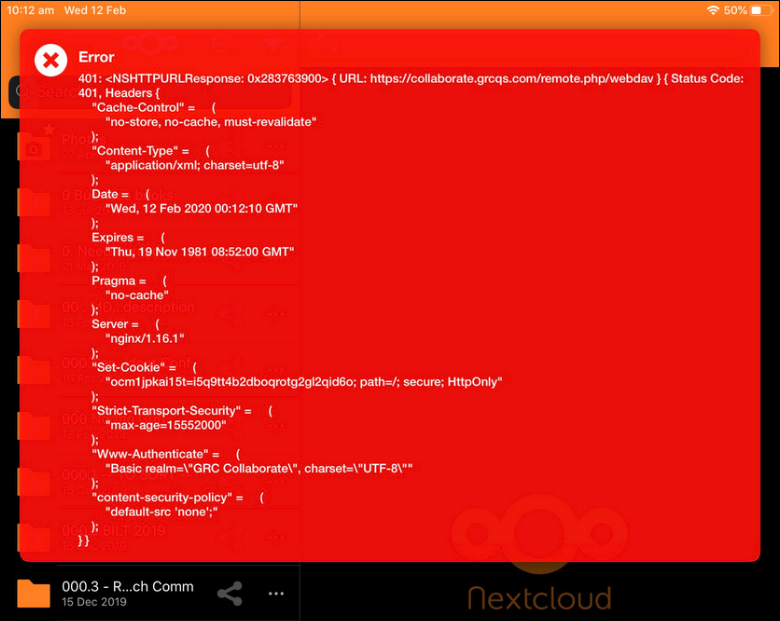 Errors using Nextcloud iOS client 2.25.7 on Nextcloud 17.0.3 server ...