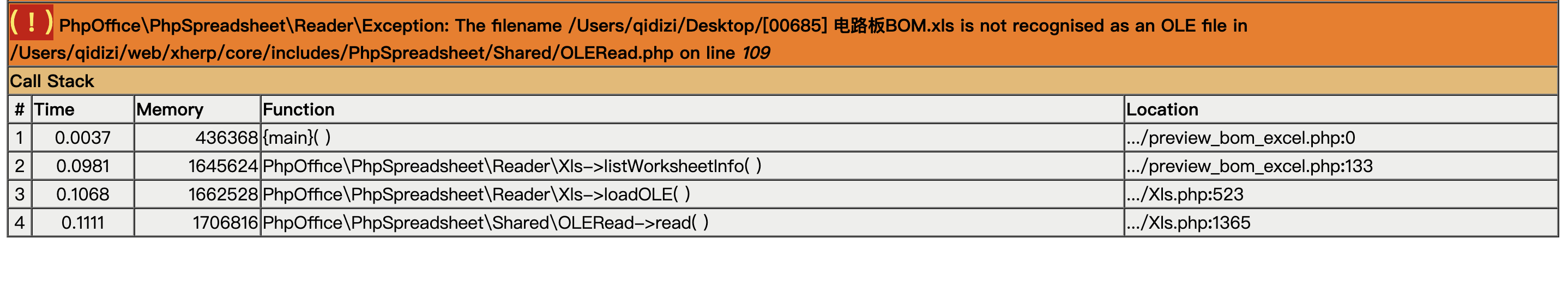 The filename xxx.xls is not recognised as an OLE file in PhpSpreadsheet/Shared/OLERead.php on ...