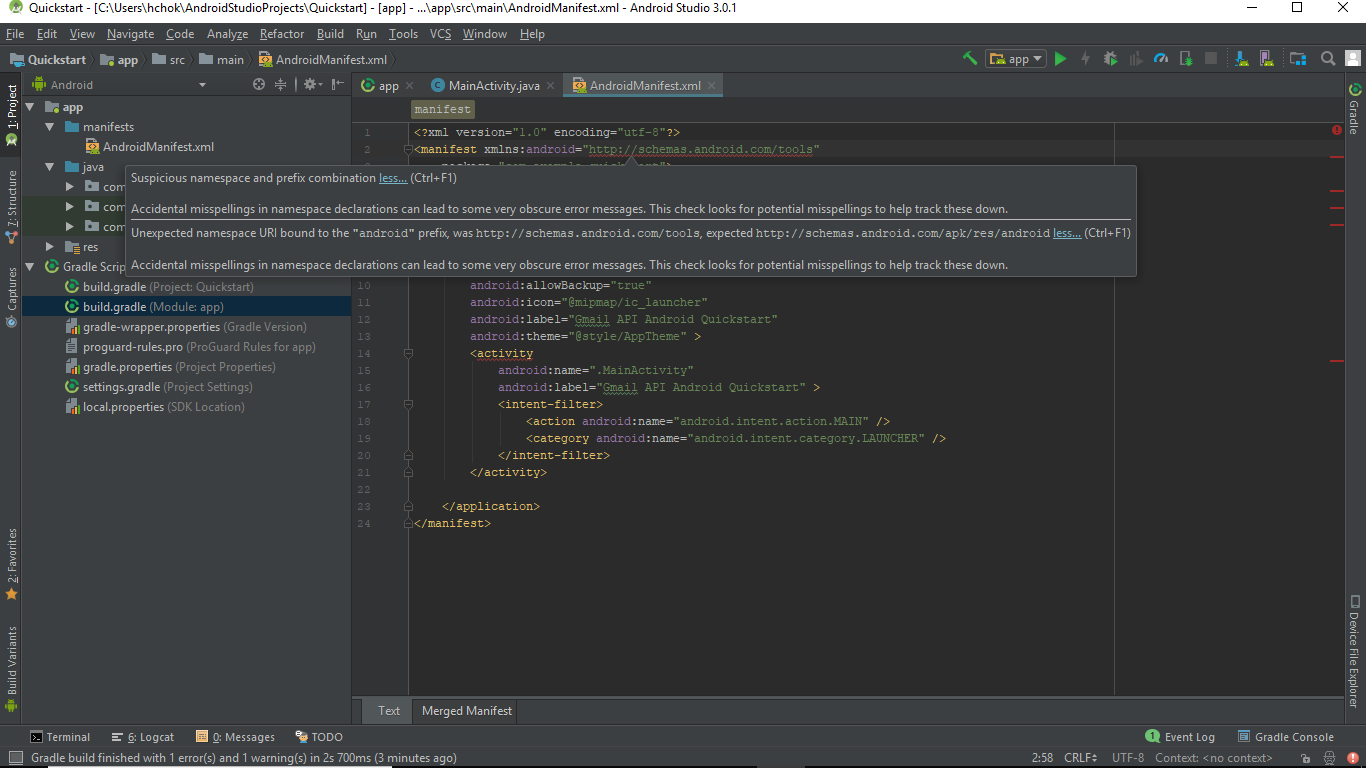 com.android.manifmerger.ManifestMerger2$MergeFailureException: org.xml.sax.SAXParseException ...