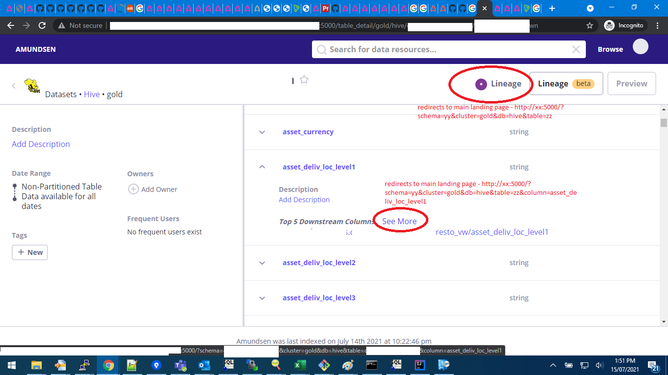 2 buttons ('See more' on column lineage, and first lineage button ...