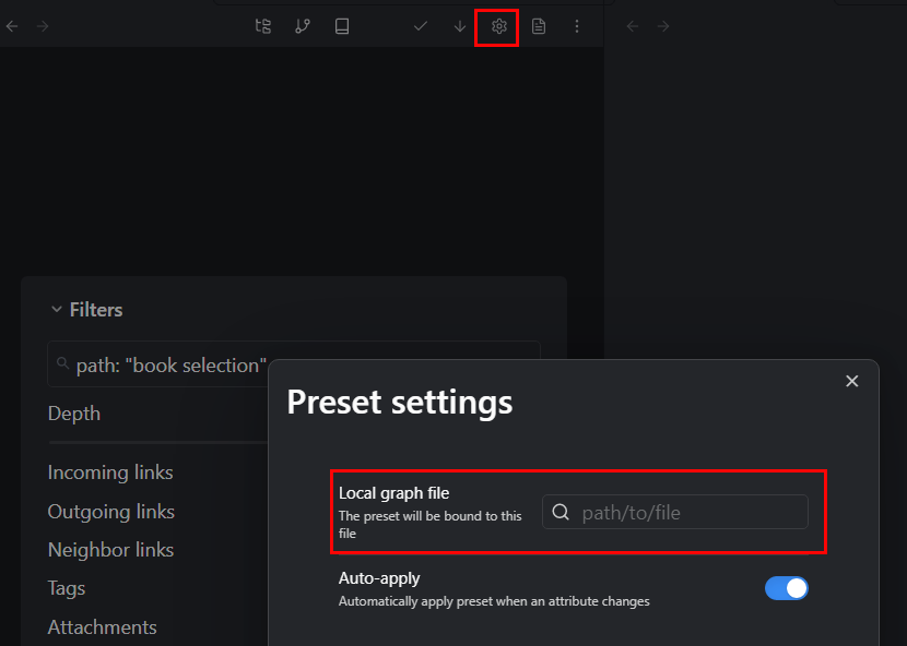 Applying a preset to different local graphs without saving it as a snapshot of a note linked to ...