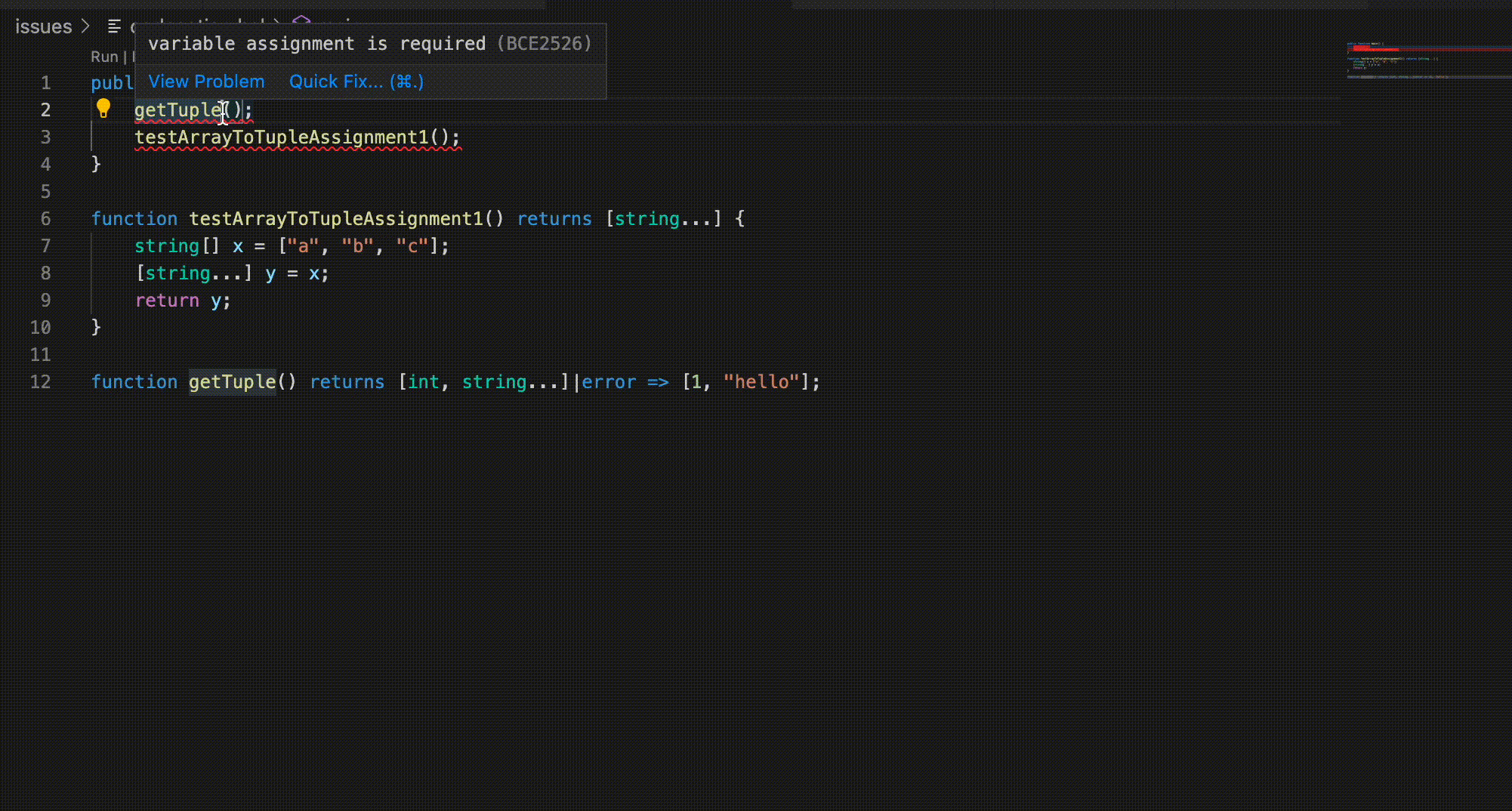 Code action is not accurate when providing the return val of a tuple ...