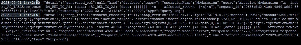 Error "cannot insert object relationship" "column values are already determined" when executing ...