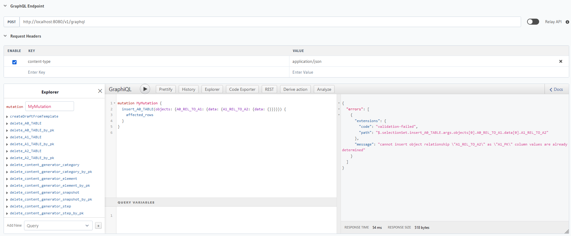 Error "cannot insert object relationship" "column values are already determined" when executing ...
