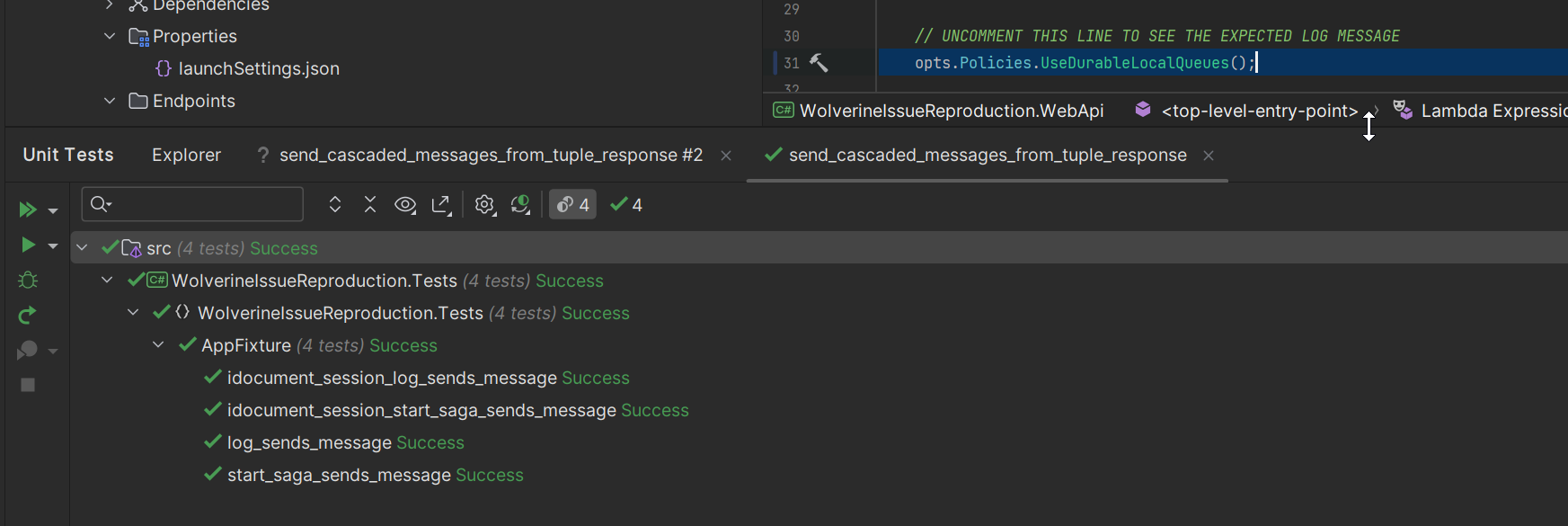 In Memory Queues don't seem to work when IDocumentSession is injected into EndPoint's method ...