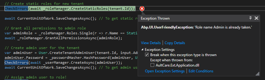 Abp.UI.UserFriendlyException: 'Role name Admin is already taken.' · Issue #2634 ...