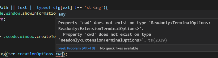 Property 'cwd' does not exist on type TerminalOptions · Issue #114858 · microsoft/vscode · GitHub
