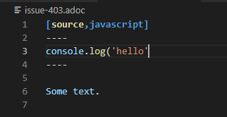 Syntax highlighting broken by some JS source block · Issue #403 · asciidoctor/asciidoctor-vscode ...