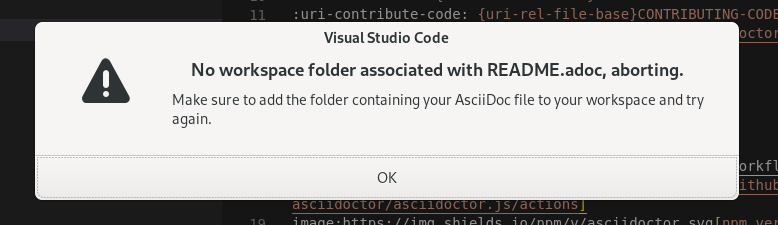 AsciiDoctor-PDF using AsciiDoc extension in Visual Source Code: Unable to get the workspace ...
