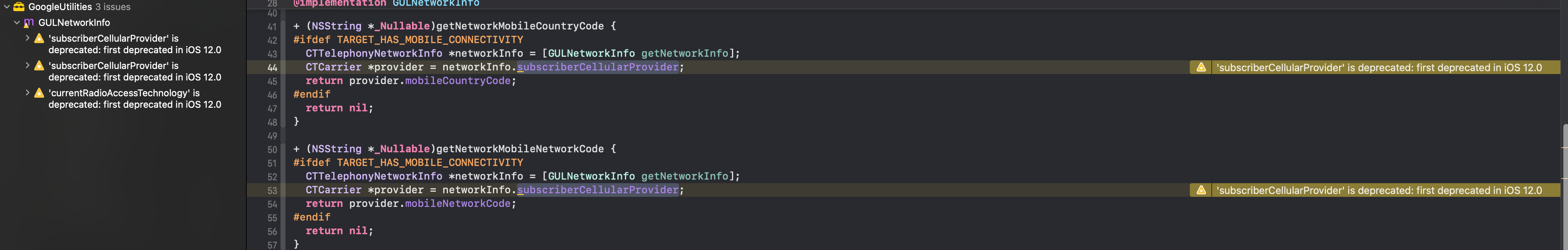 'subscriberCellularProvider' is deprecated: first deprecated in iOS 12.0 · Issue #97 · google ...