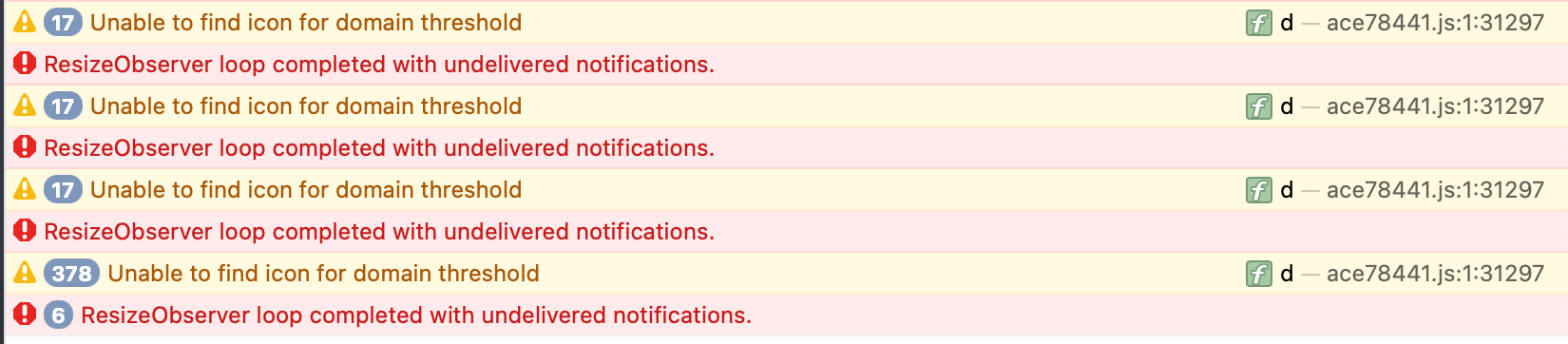 unable to find icon for domain threshold / resizeObserver loop completed with undelivered ...