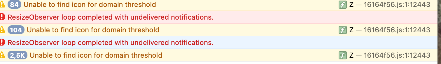 unable to find icon for domain threshold / resizeObserver loop completed with undelivered ...