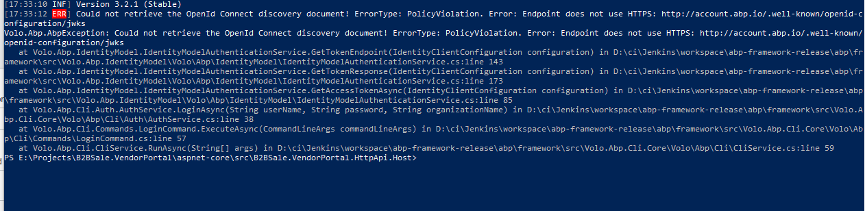 Could not retrieve the OpenId Connect discovery document! ErrorType: PolicyViolation. Error ...