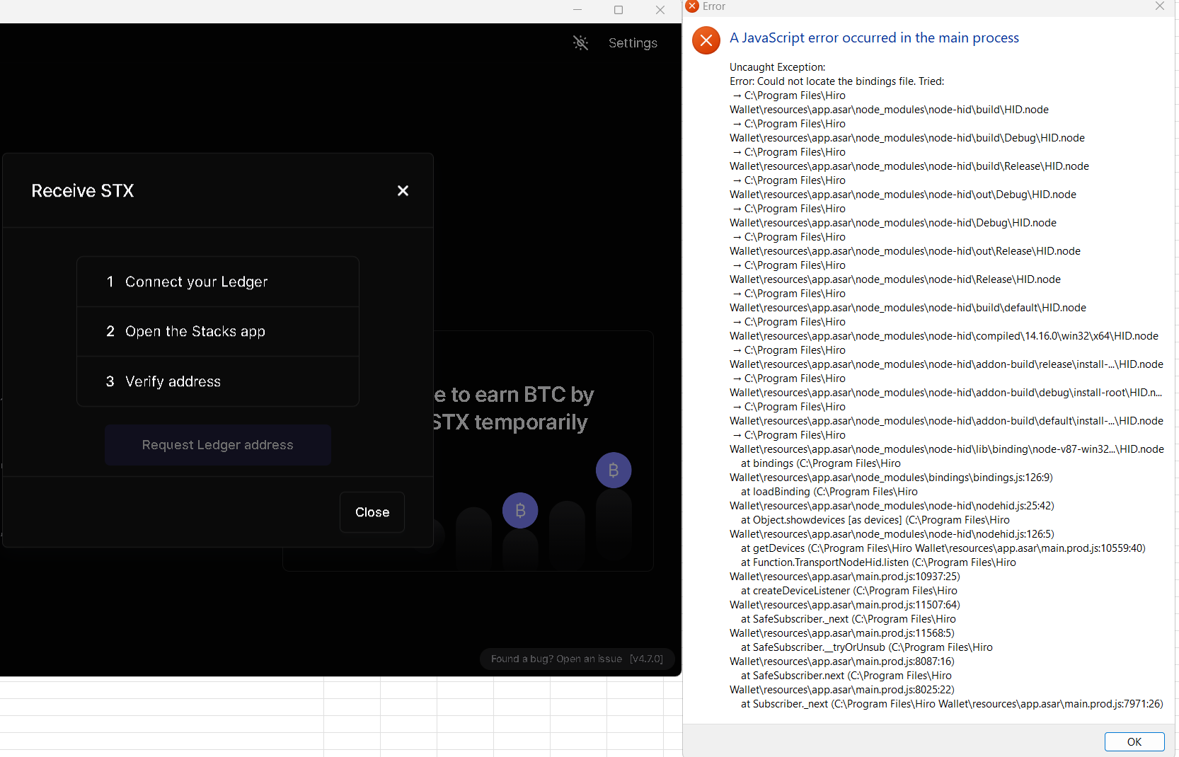 Unable to connect with ledger using 4.7.0 "A JavaScript error occurred in the main process" on ...
