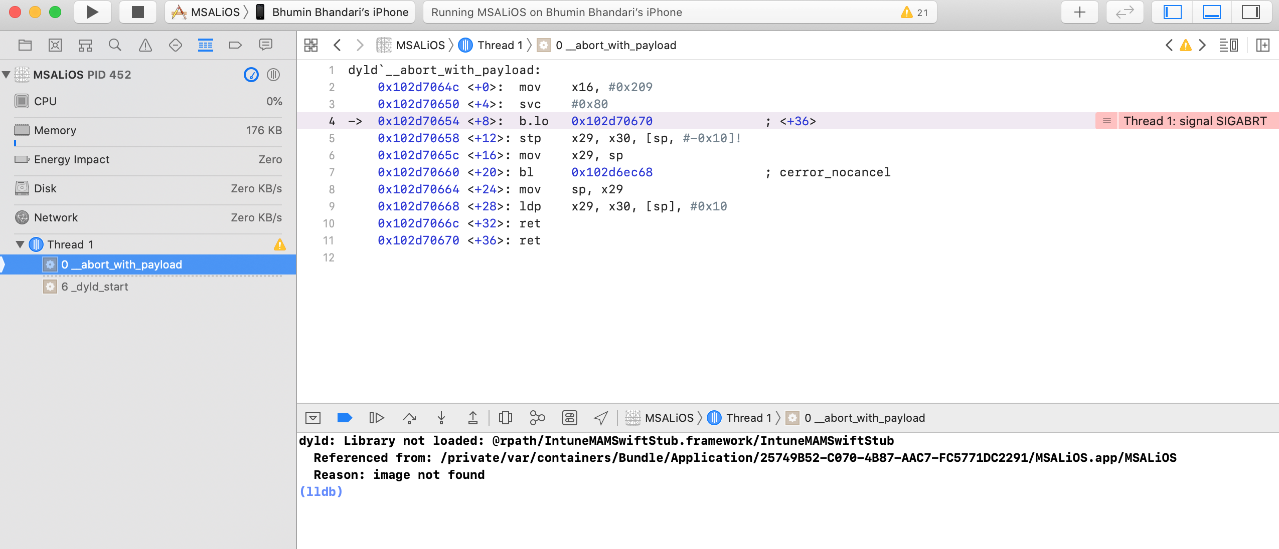 dyld: Library not loaded: @rpath/IntuneMAMSwiftStub.framework ...
