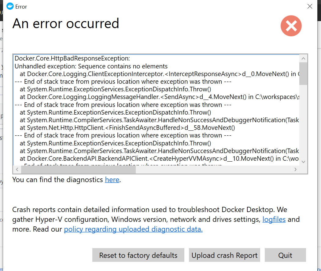 Docker not starting : [SystrayNotifications][Error ] Unhandled exception: Sequence contains no ...