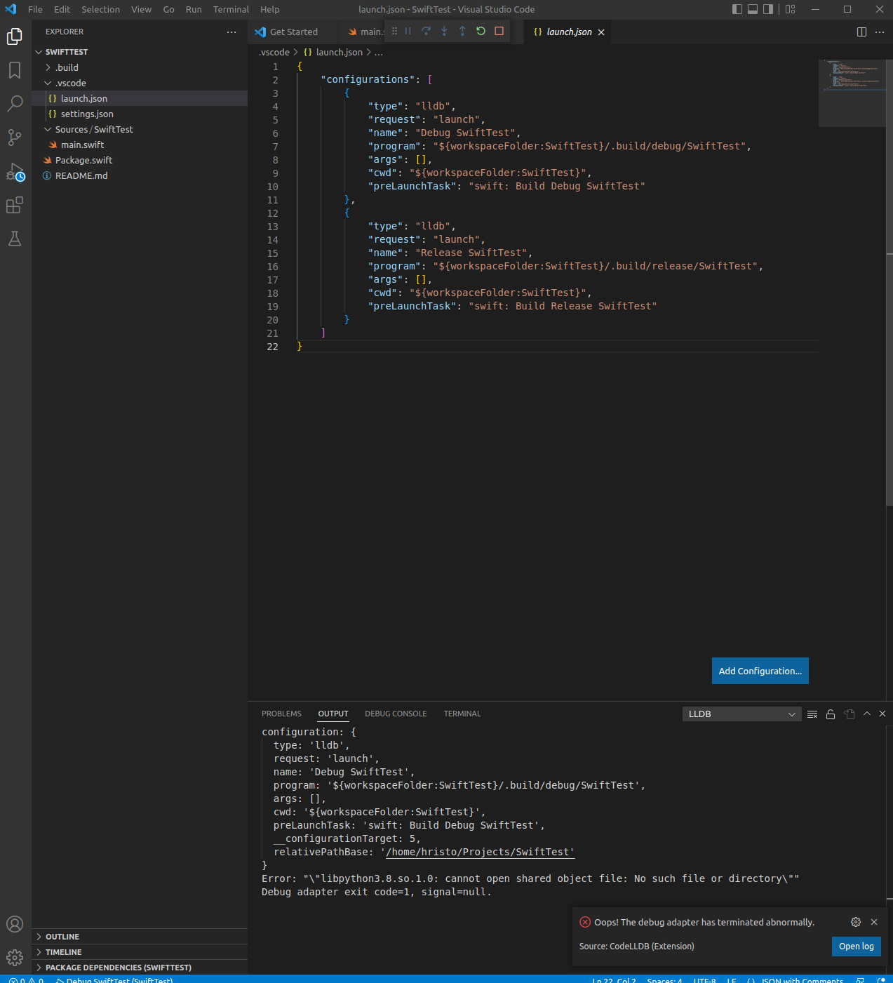 Swift LLDB requires Python 3.8, but Jammy has Python 3.10. Cannot start/stop a debug sesion ...