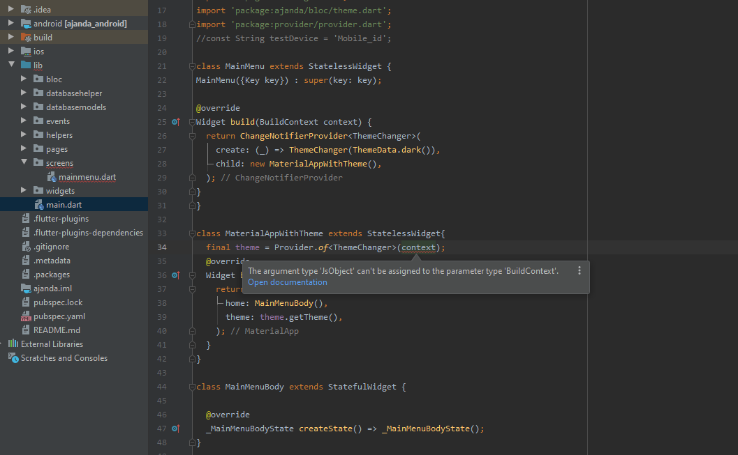 Why am I getting an error in the build function when changing the theme of the application ...