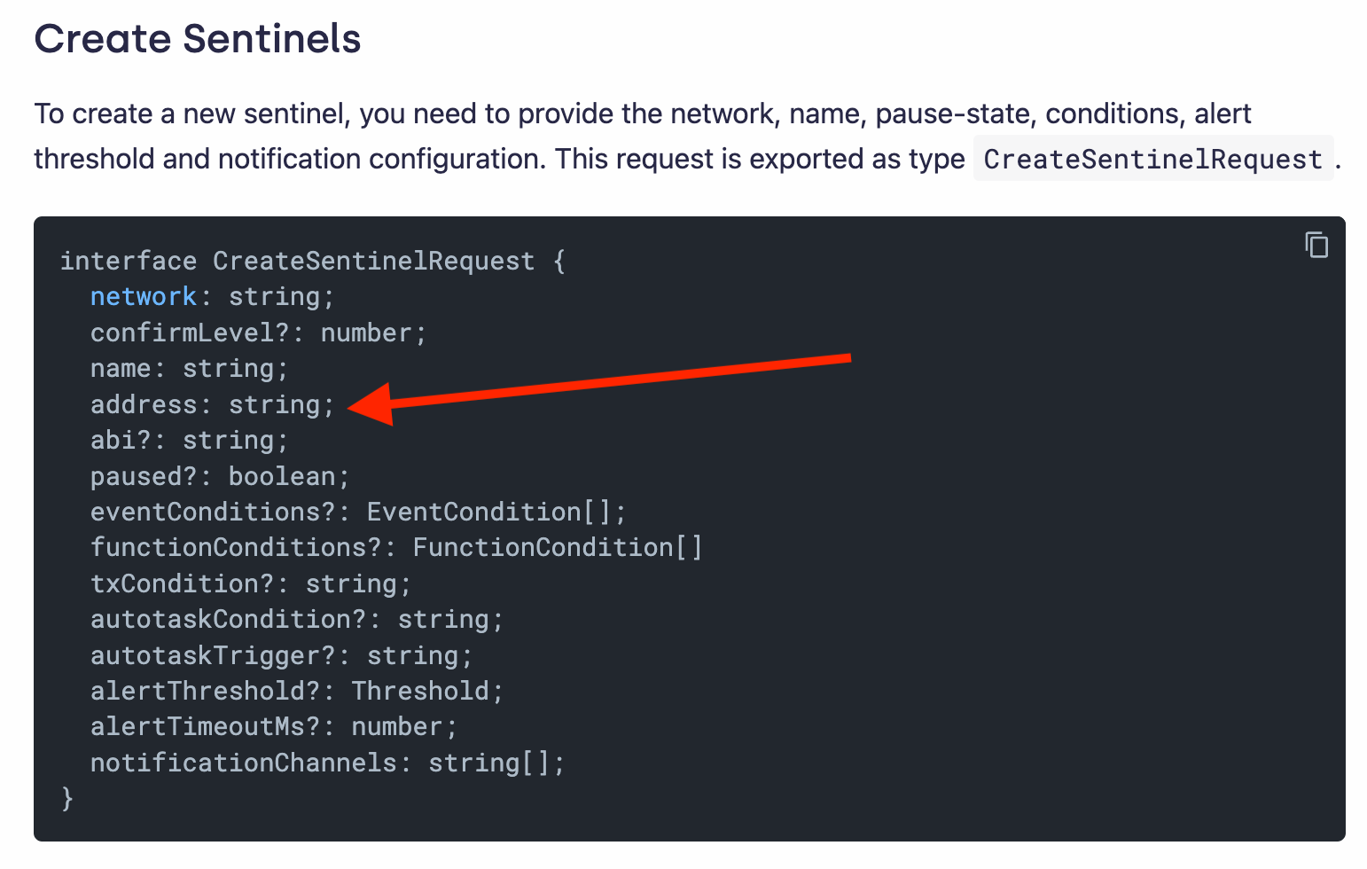 Update CreateSentinelRequest type to fit with multiple addresses ...