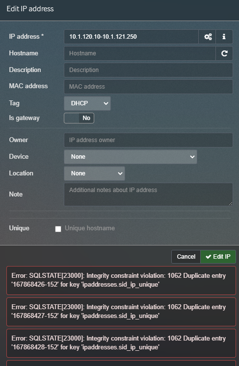 Errors on edit of scopes and addresses · Issue #3610 · phpipam/phpipam · GitHub