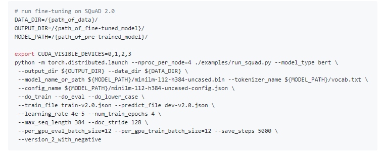 This example code fine-tunes 12-layer MiniLM on SQuAD 2.0 dataset doesn't work. · Issue #154 ...