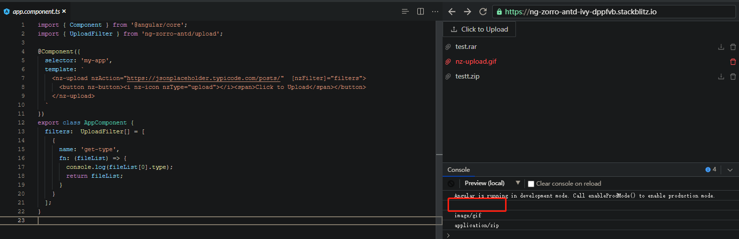 The nzFileType parameter configuration of nz-upload component application/x-rar-compressed is ...