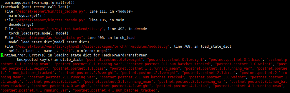 failed at loading the model when decoding on fastspeech.v3.single ...