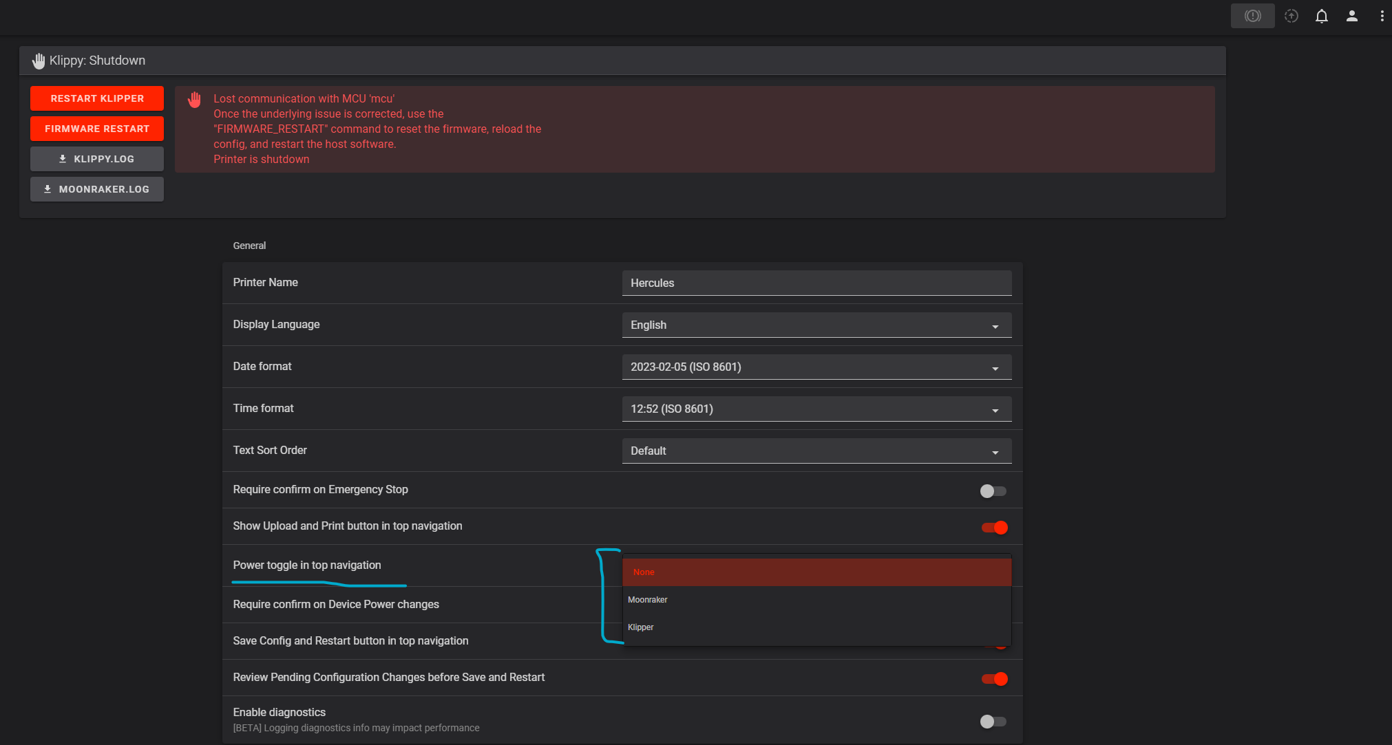 Power toggle in top navigation not working · Issue #1030 · fluidd-core/fluidd · GitHub