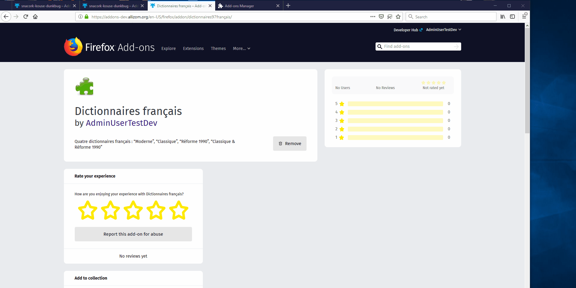 Without refreshing the page, the add-ons button state is "Add to Firefox" instead of "Remove ...