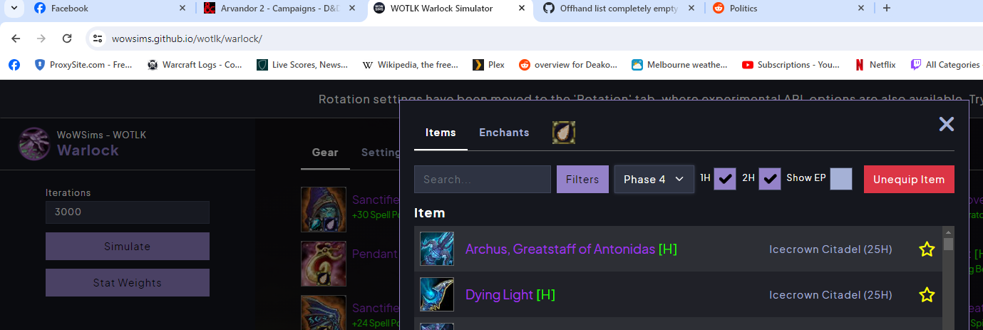 Offhand list completely empty for warlock sim · Issue #3980 · wowsims/wotlk · GitHub