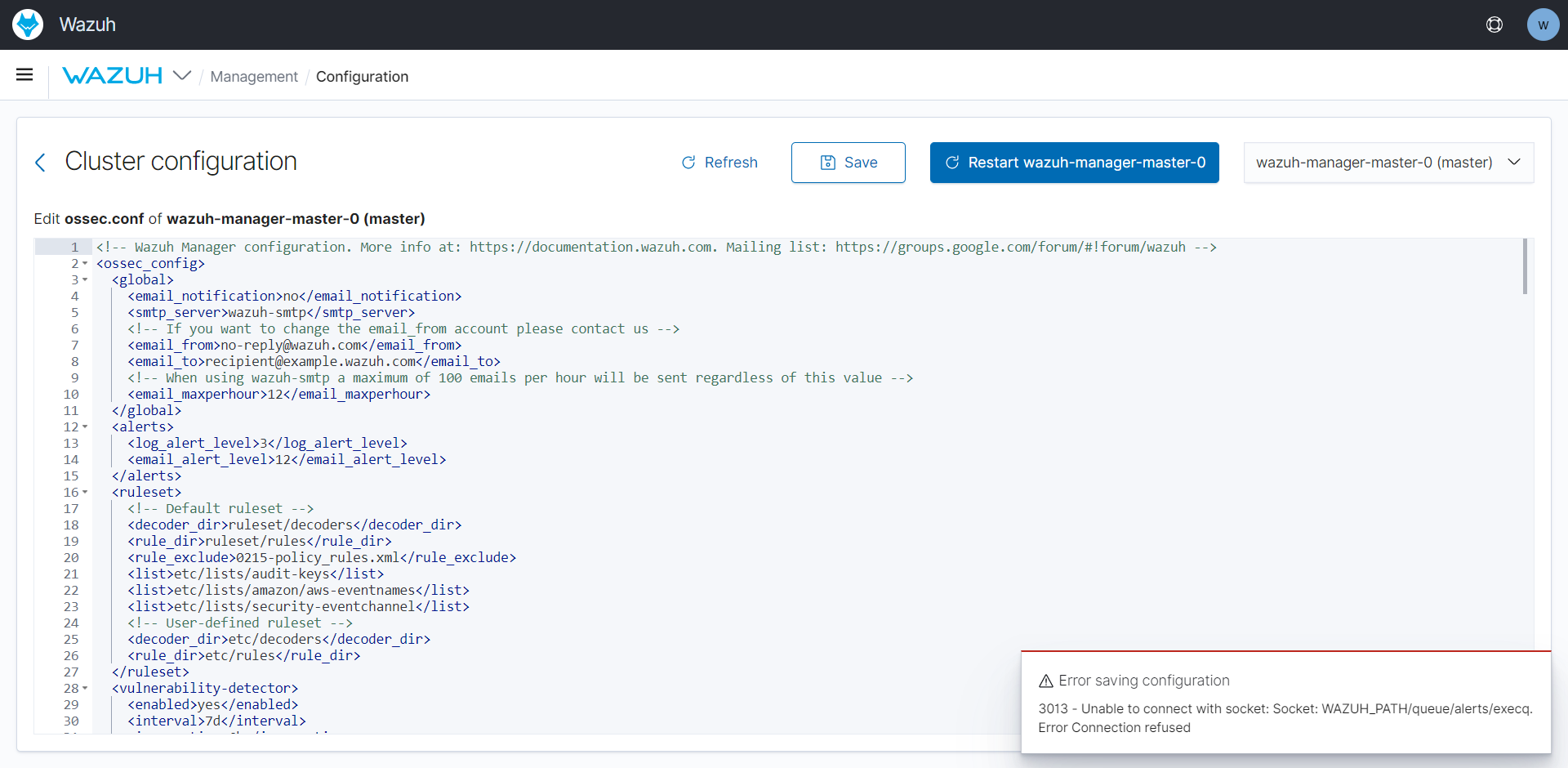 Unable to connect with socket: Socket: WAZUH_PATH/queue/alerts/execq. Error Connection refused ...