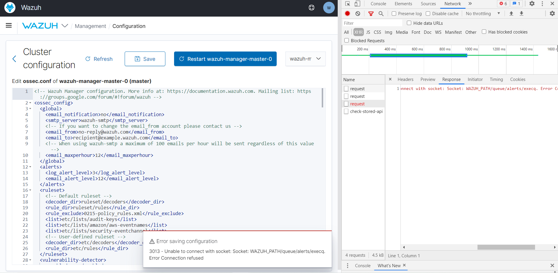 Unable to connect with socket: Socket: WAZUH_PATH/queue/alerts/execq. Error Connection refused ...