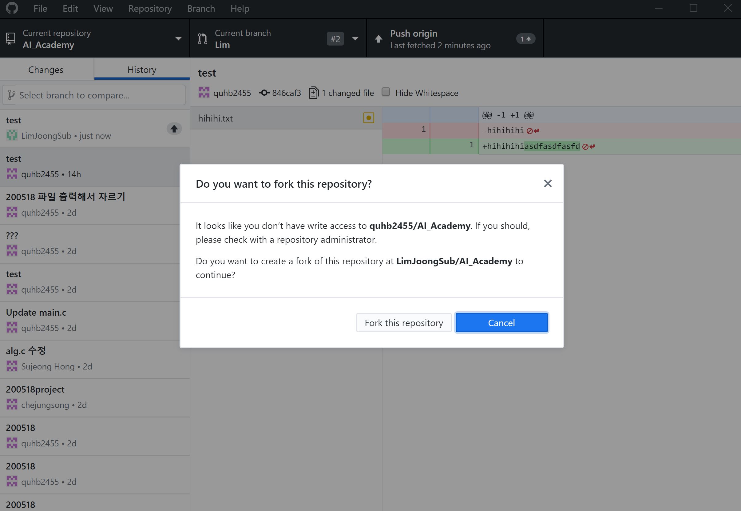 github desktop shows me that i don't have write access when i want to revert 2 times ago commit ...
