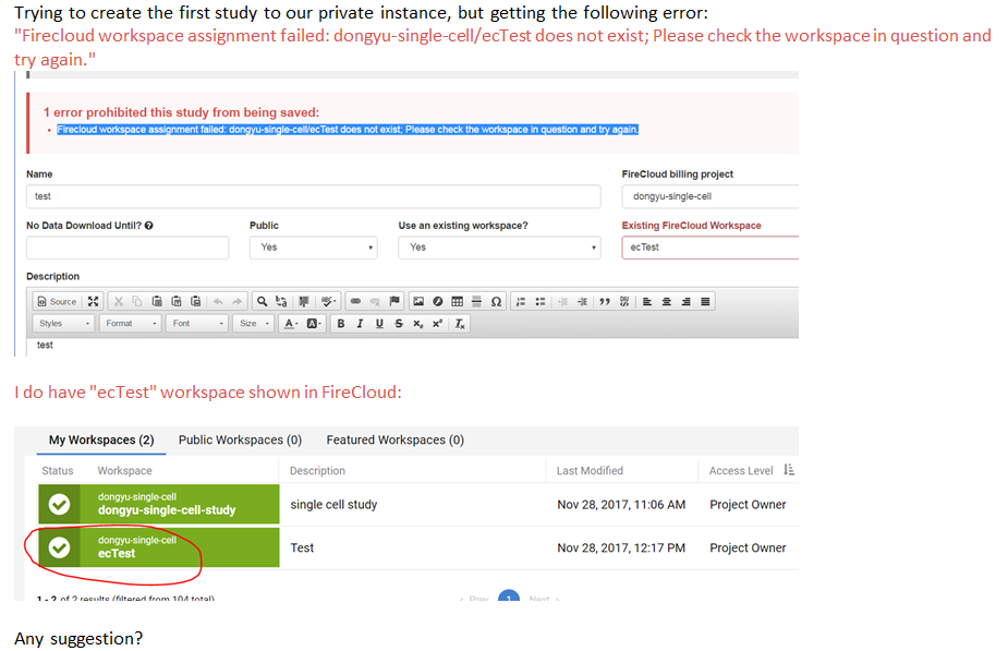 Getting "Firecloud workspce assignment failed..." on creating the first study on our private ...