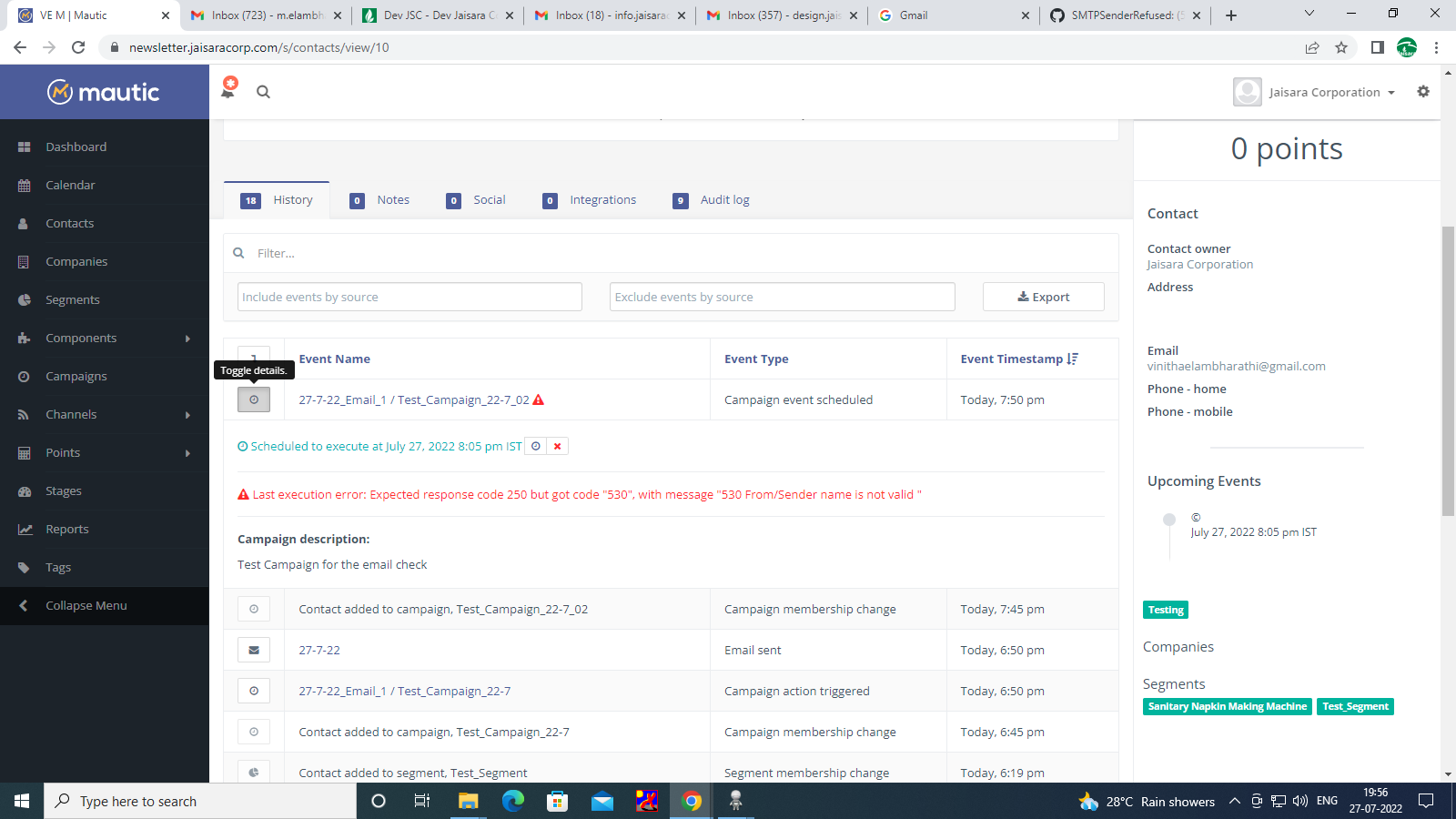 [MAIL ERROR] Expected response code 250 but got code "503", with message "503 EHLO/HELO first ...
