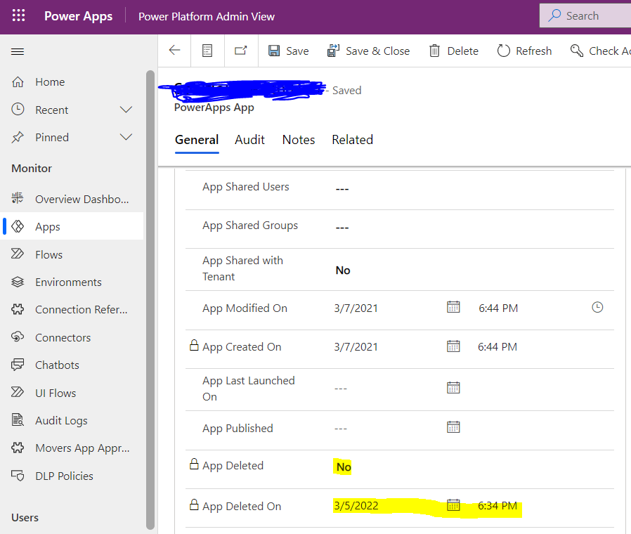 [CoE Starter Kit - BUG]: 'App Deleted field' Shows 'No' where as we have data for 'App Deleted ...