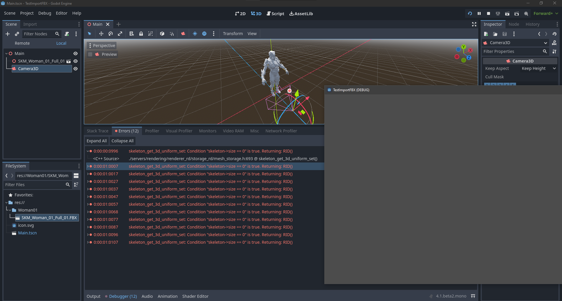 [4.1 beta 2 regression] Skeleton causes error and project stops working when played when a ...