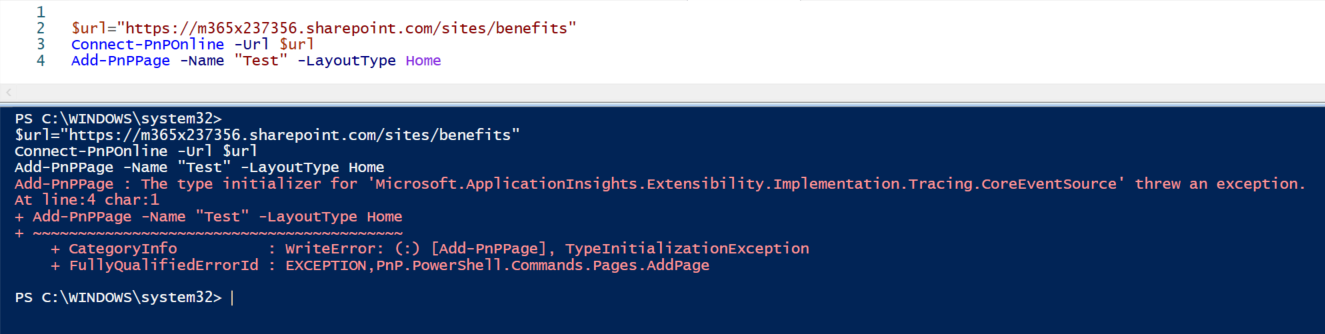 [BUG] Add-PnPPage: Gives 'Microsoft.ApplicationInsights.Extensibility.Implementation.Tracing ...