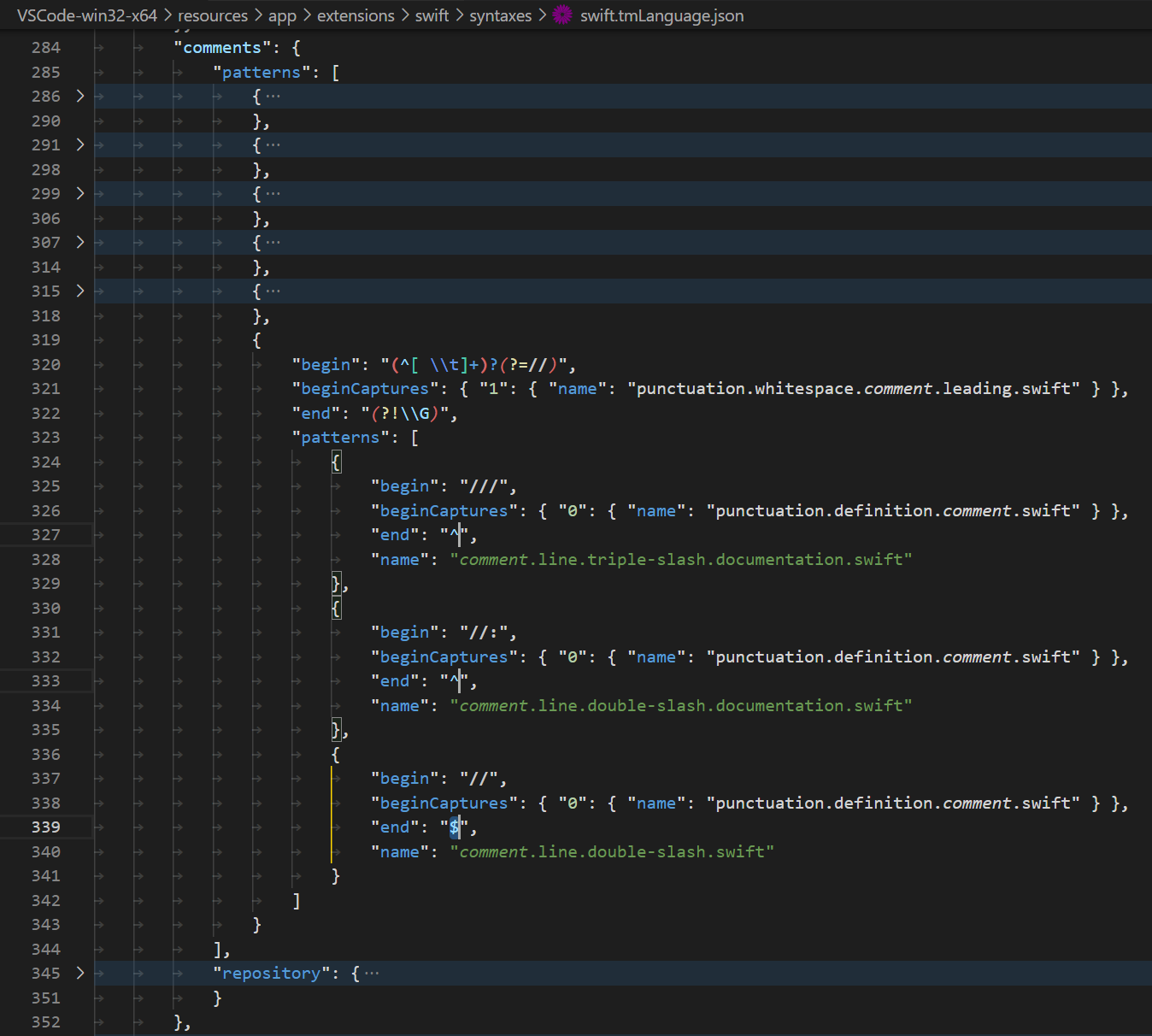 Syntax highlighting issue for swift inline comment in a markdown code block with indention ...