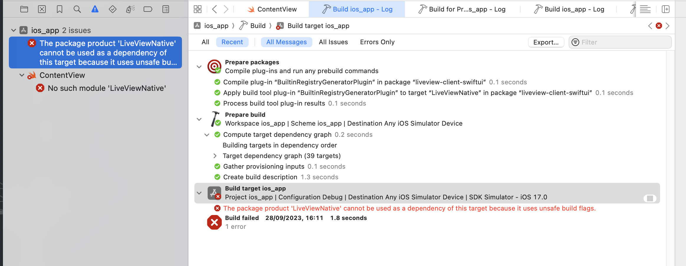 Bug Fresh App Fails To Build Due To Unsafe Build Flags · Issue 1136 · Liveview Native