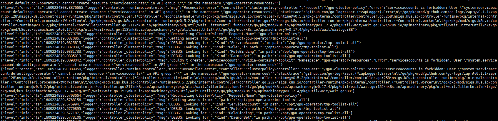User "system:serviceaccount:default:gpu-operator" cannot list resource "clusterpolicies" in API ...