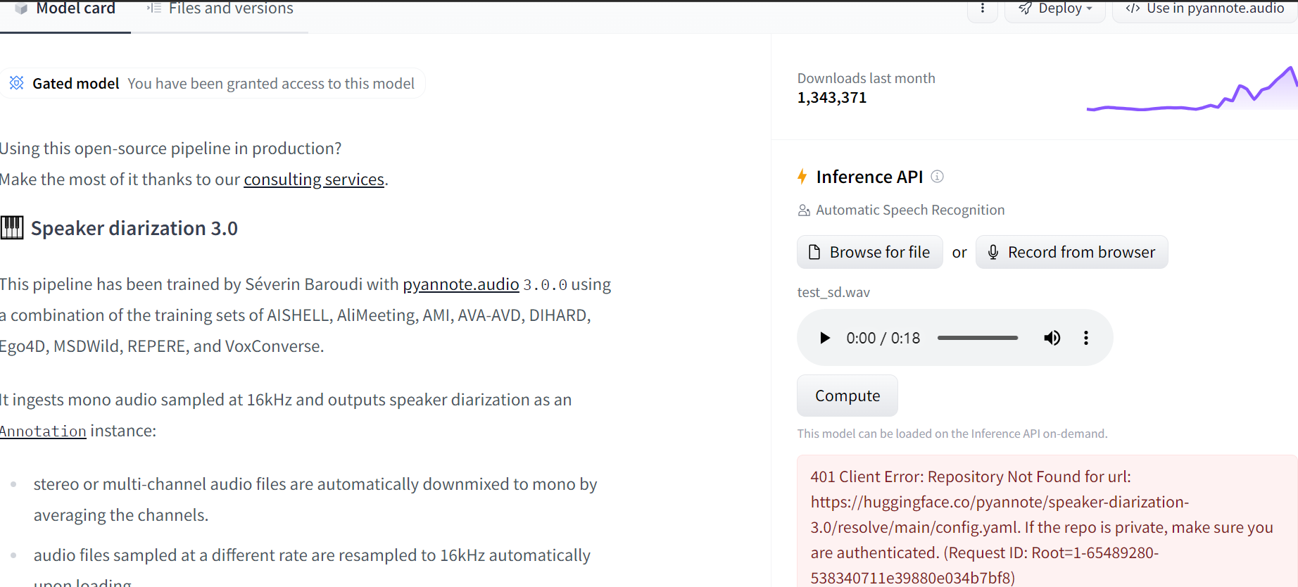 Pyannote.speaker_diarization giving 401 Client Error · Issue #1530 · pyannote/pyannote-audio ...