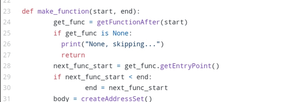 ghidra.py script Line 24 "getEntryPoint" fails if no next function is found, stopping the script ...