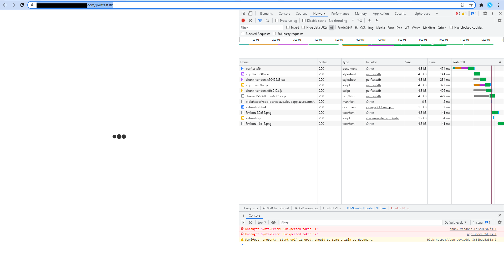 Problem opening first page - Unexpected token