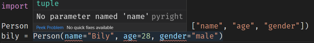 Can't resolve namedtuple parameters · Issue #212 · microsoft/pyright · GitHub