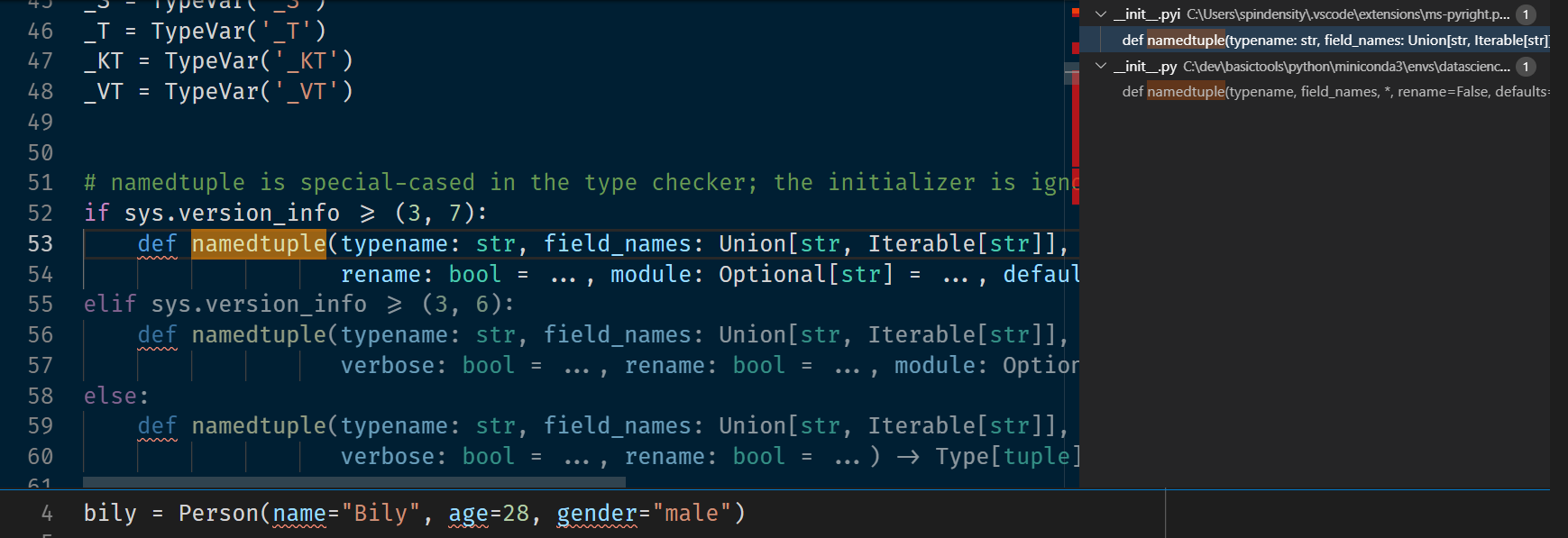 Can't resolve namedtuple parameters · Issue #212 · microsoft/pyright · GitHub