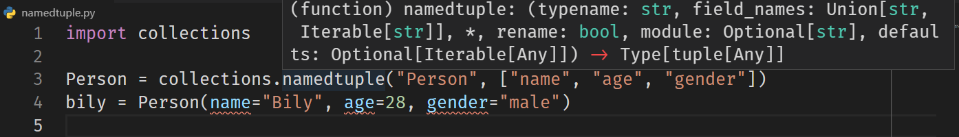 Can't resolve namedtuple parameters · Issue #212 · microsoft/pyright · GitHub